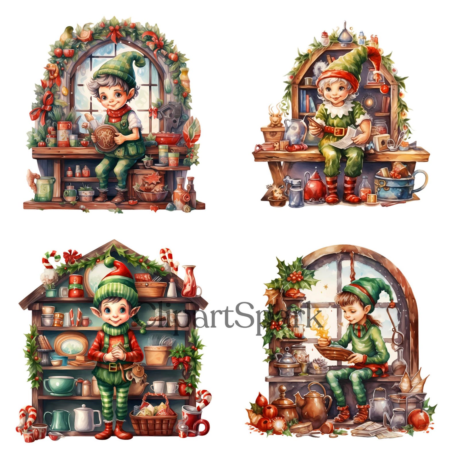 Whimsical Sticker Design Christmas Elf Workshop Clipart 40 Pngs ...