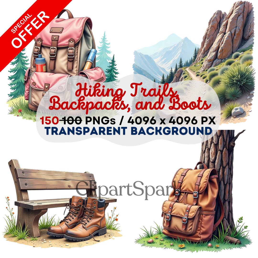Hiking Clipart Bundle – Hiking Trails, Backpacks, Boots – High ...