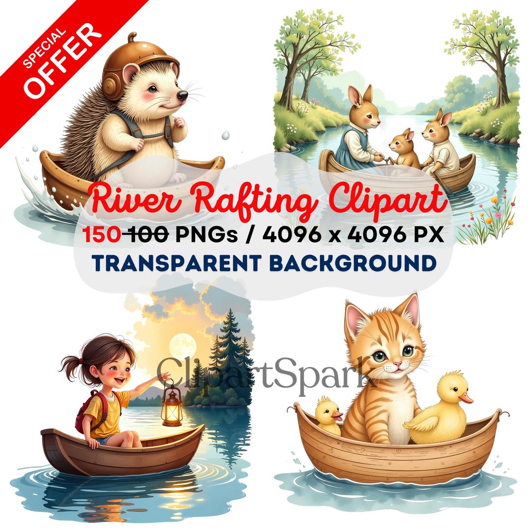 River Rafting Clipart Bundle, Animals in Boats PNG, 150 High Resolution ...