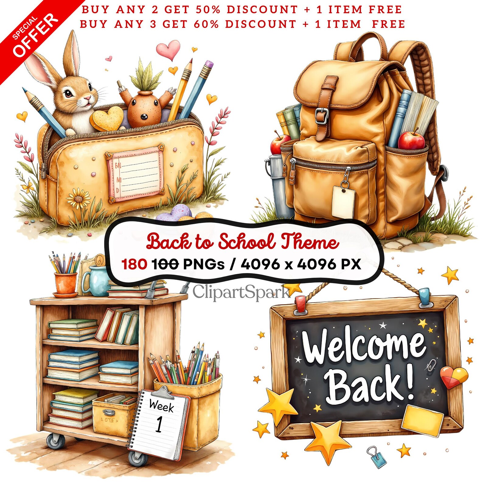 Back to School Watercolor Clipart Bundle Pngs School Supplies ...