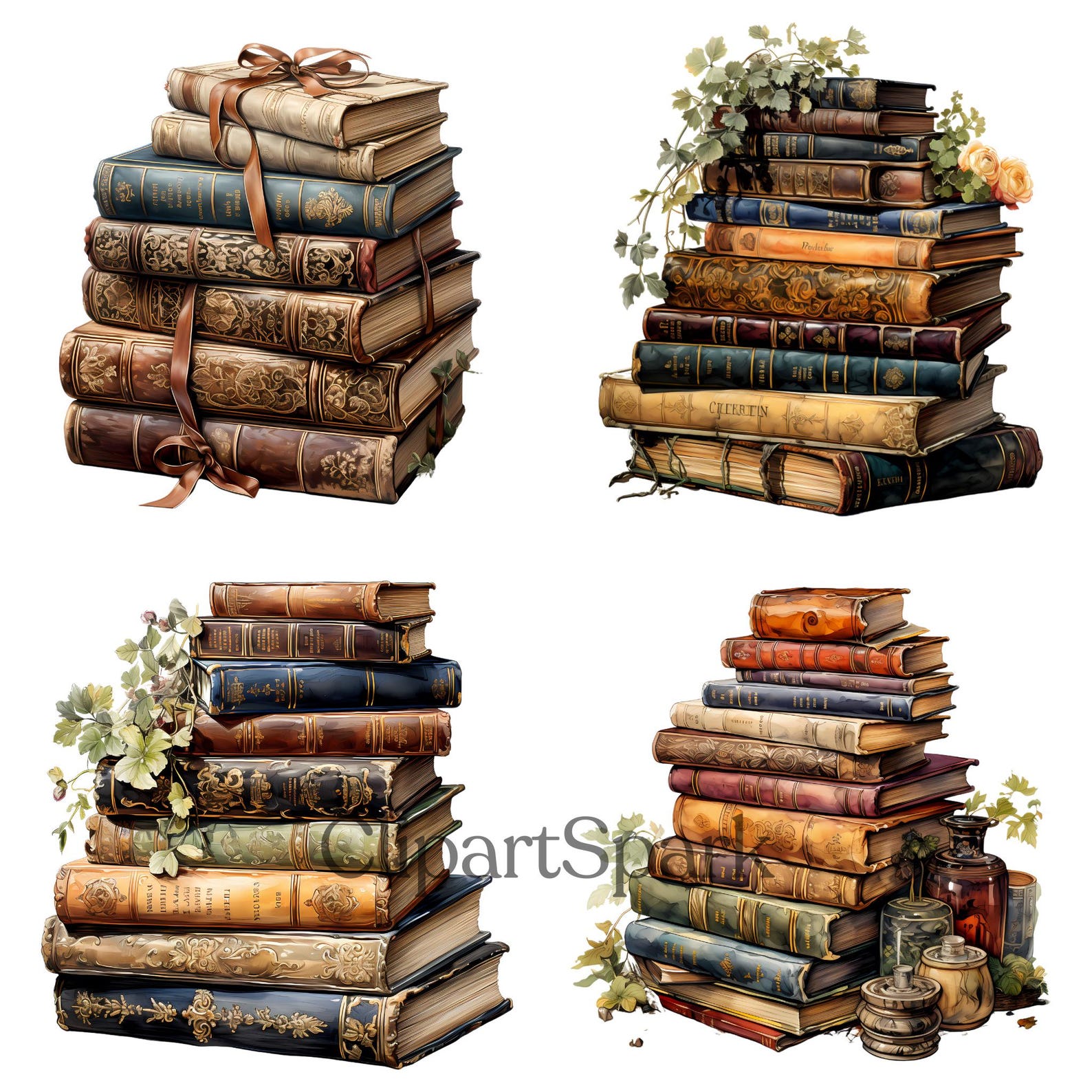 Stack of Vintage Books With Worn Leather Covers 30 Pngs Transparent ...
