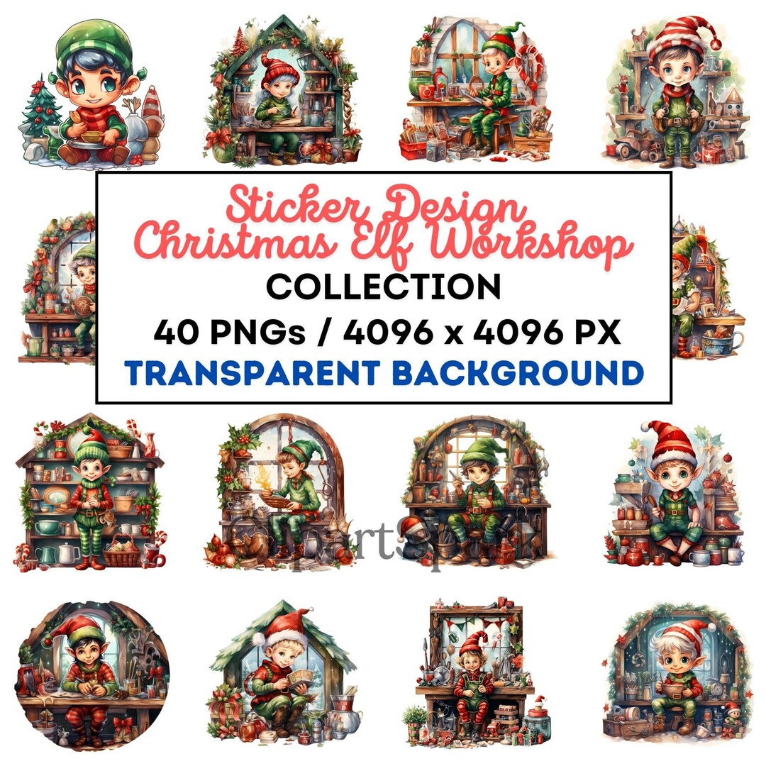 Whimsical Sticker Design Christmas Elf Workshop Clipart | 40 Pngs ...