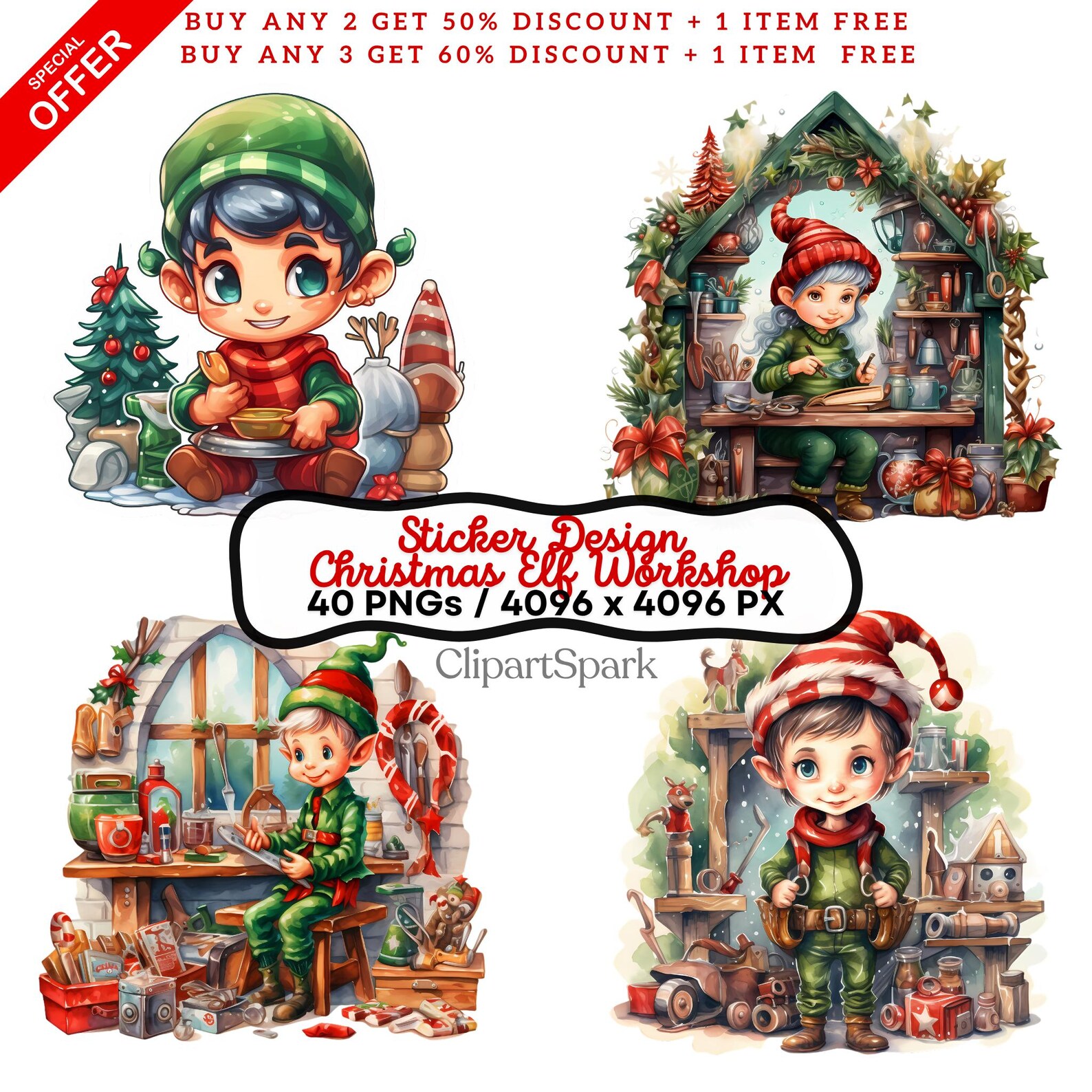 Whimsical Sticker Design Christmas Elf Workshop Clipart 40 Pngs ...
