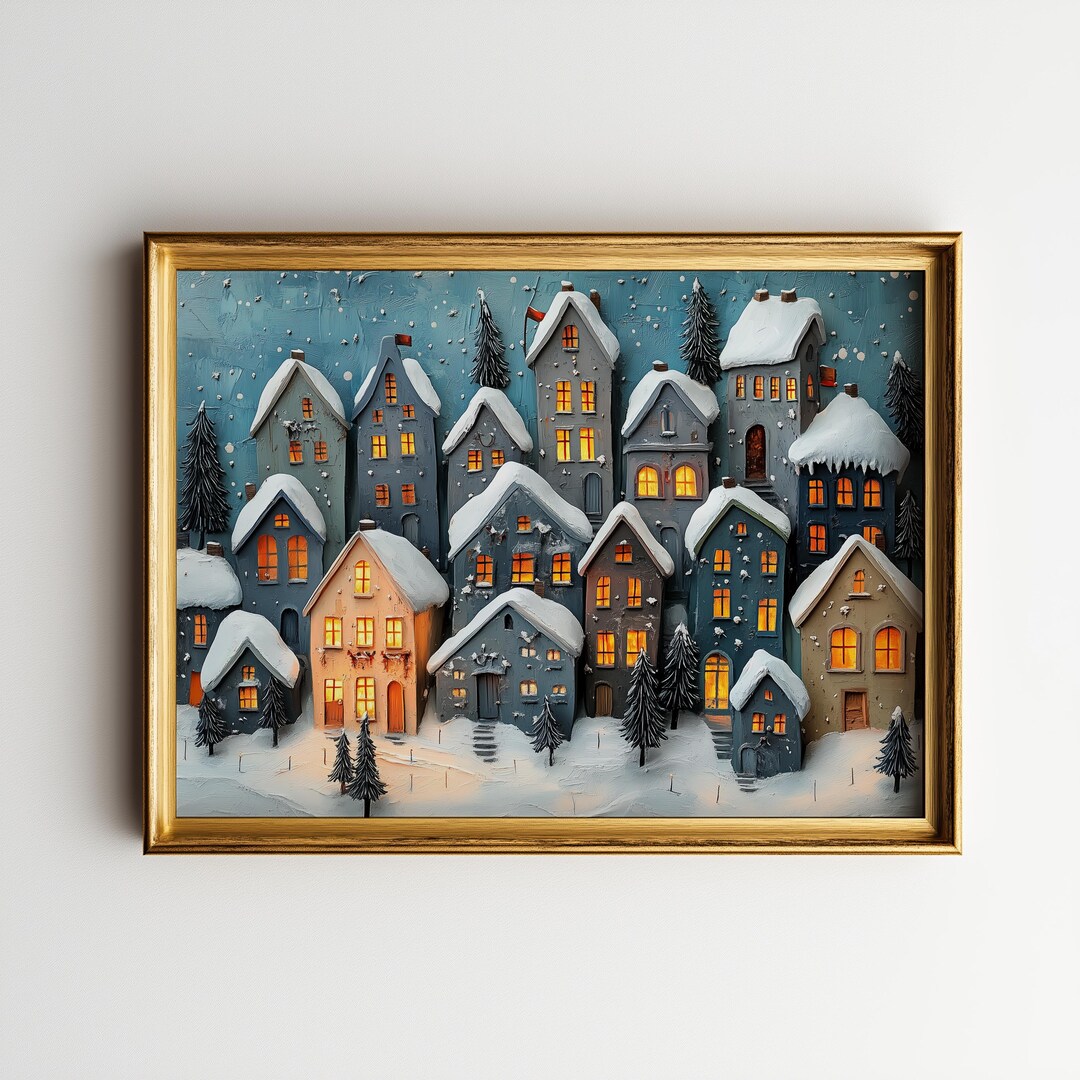 Printable Winter Village Scene - Vibrant Cozy Snowy Oil Painting ...