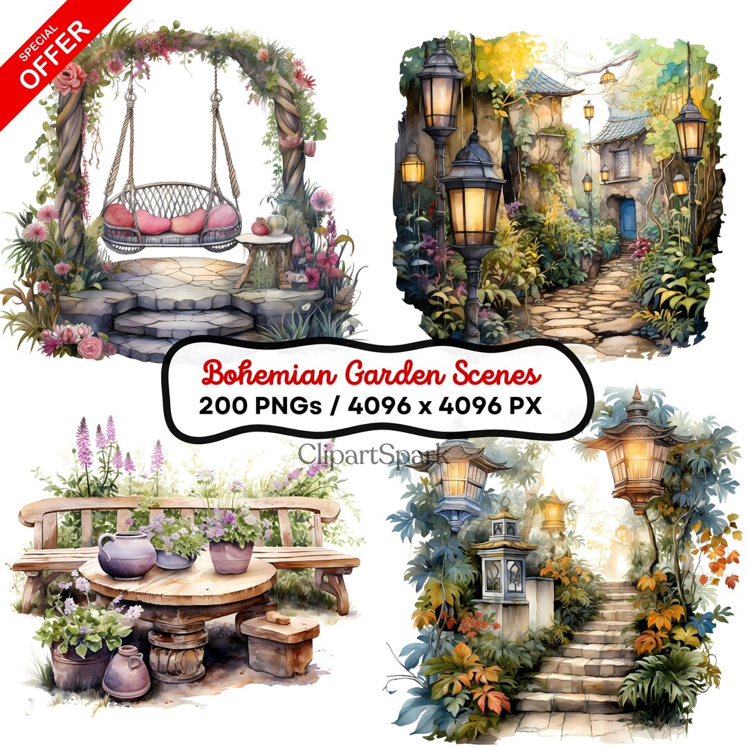 Bohemian Garden Scenes Bundle 200 Pngs Transparent Background Rustic ...