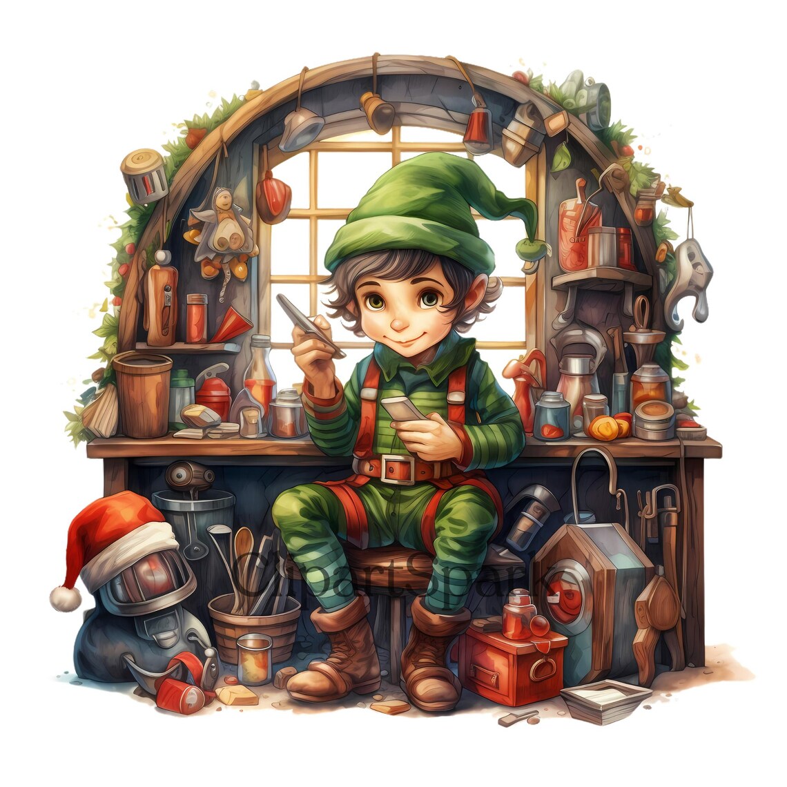 Whimsical Sticker Design Christmas Elf Workshop Clipart 40 Pngs ...