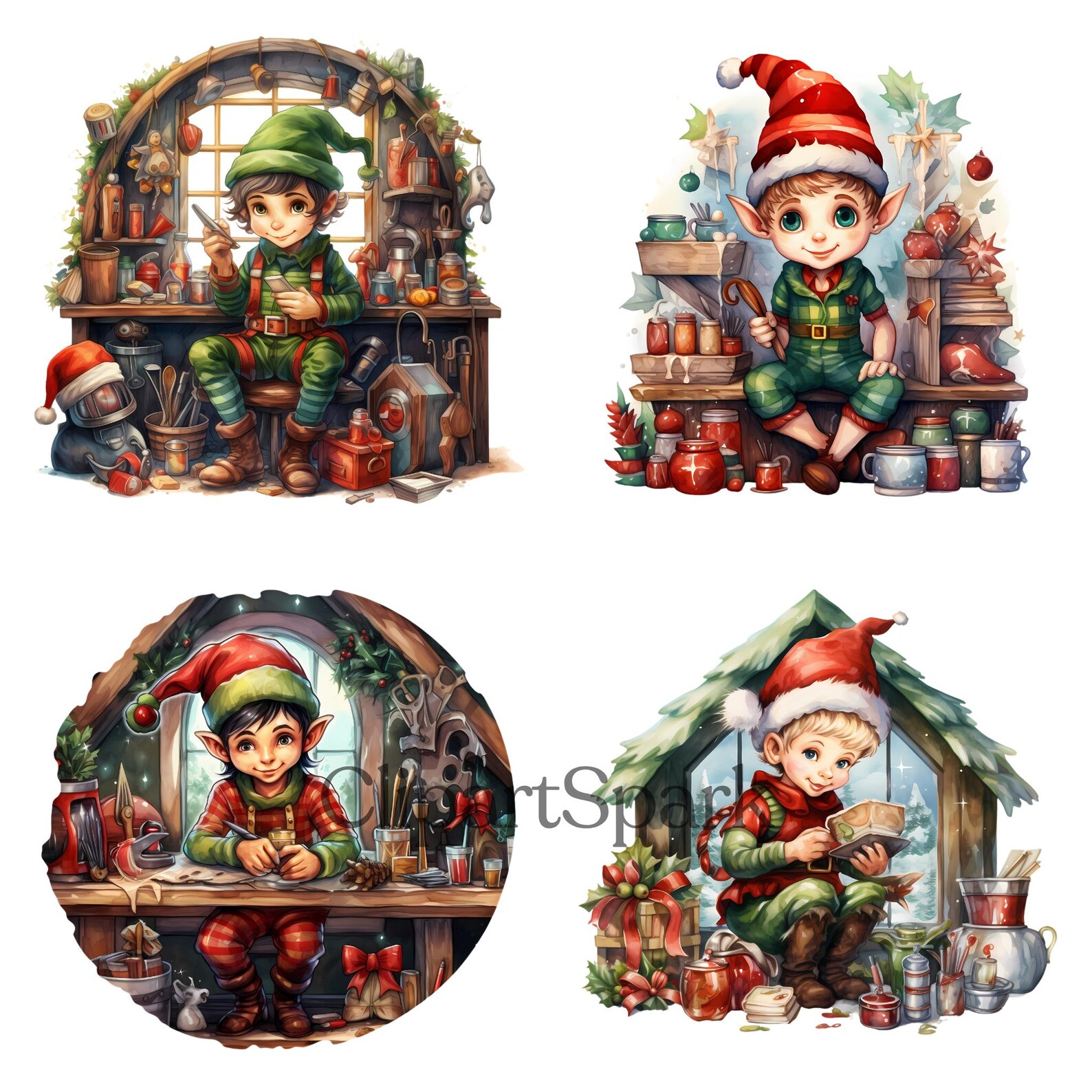 Whimsical Sticker Design Christmas Elf Workshop Clipart 40 Pngs ...