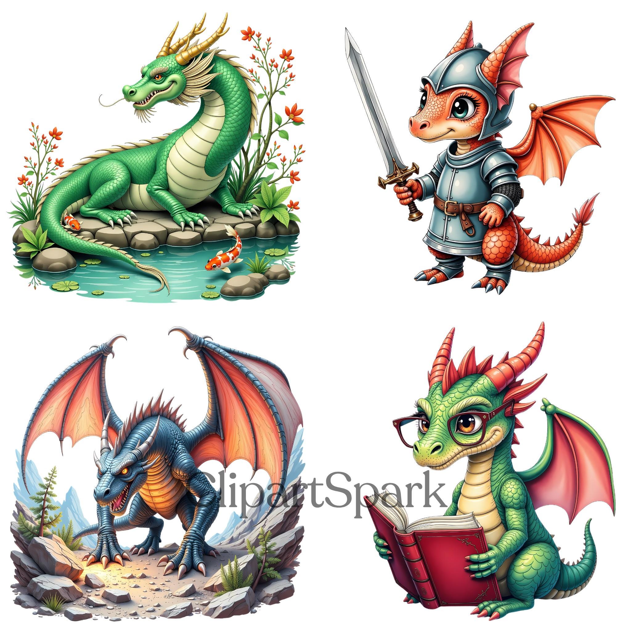 Dragon Clipart Bundle 145 Fantasy Illustrations 4096x4096 Pngs ...