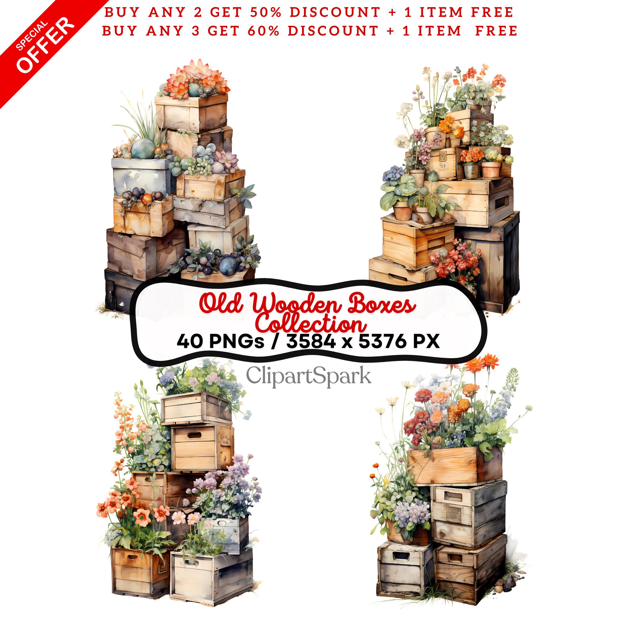Old Wooden Boxes Clipart Collection 40 Pngs Rustic Farmhouse Decor ...