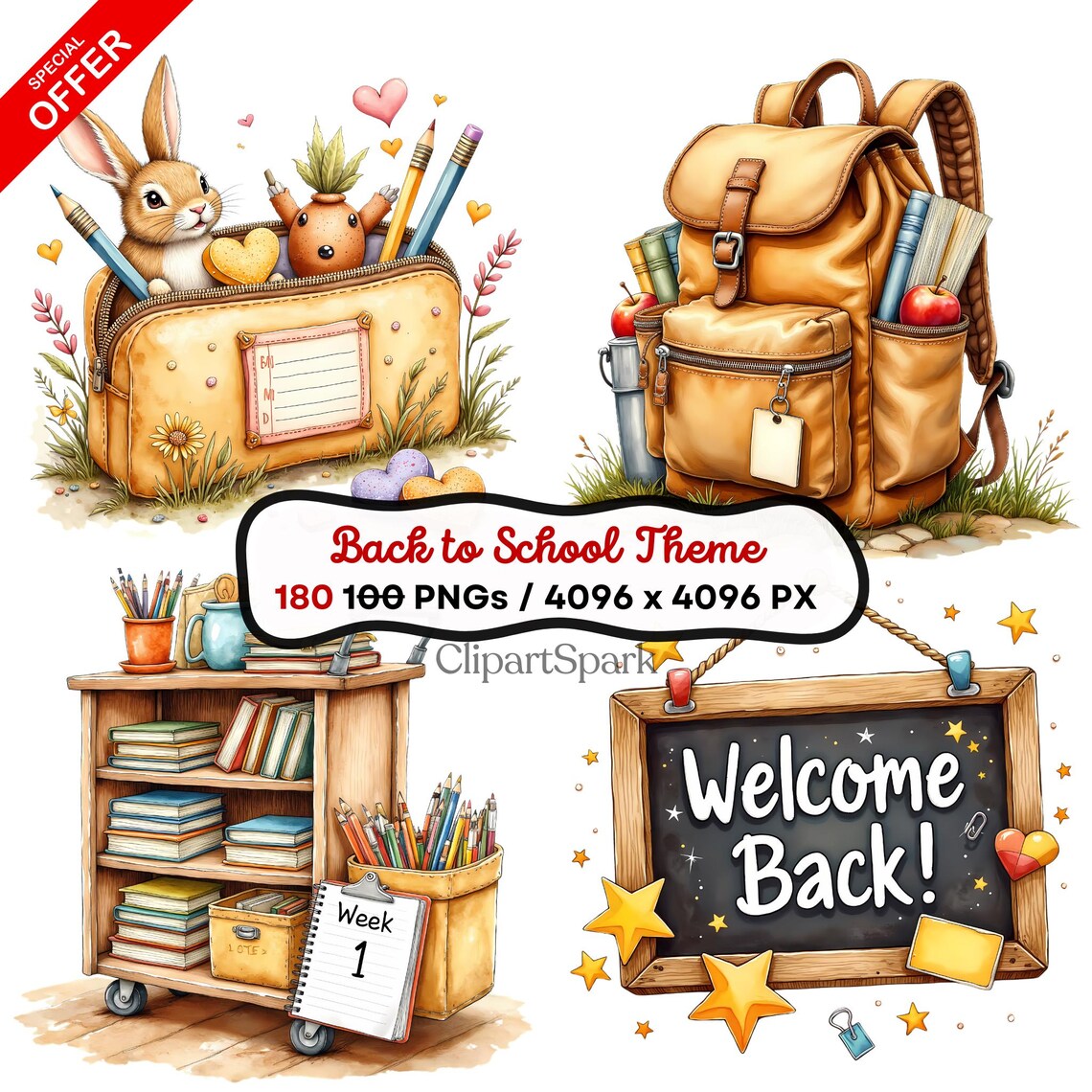 Back to School Watercolor Clipart Bundle Pngs School Supplies ...