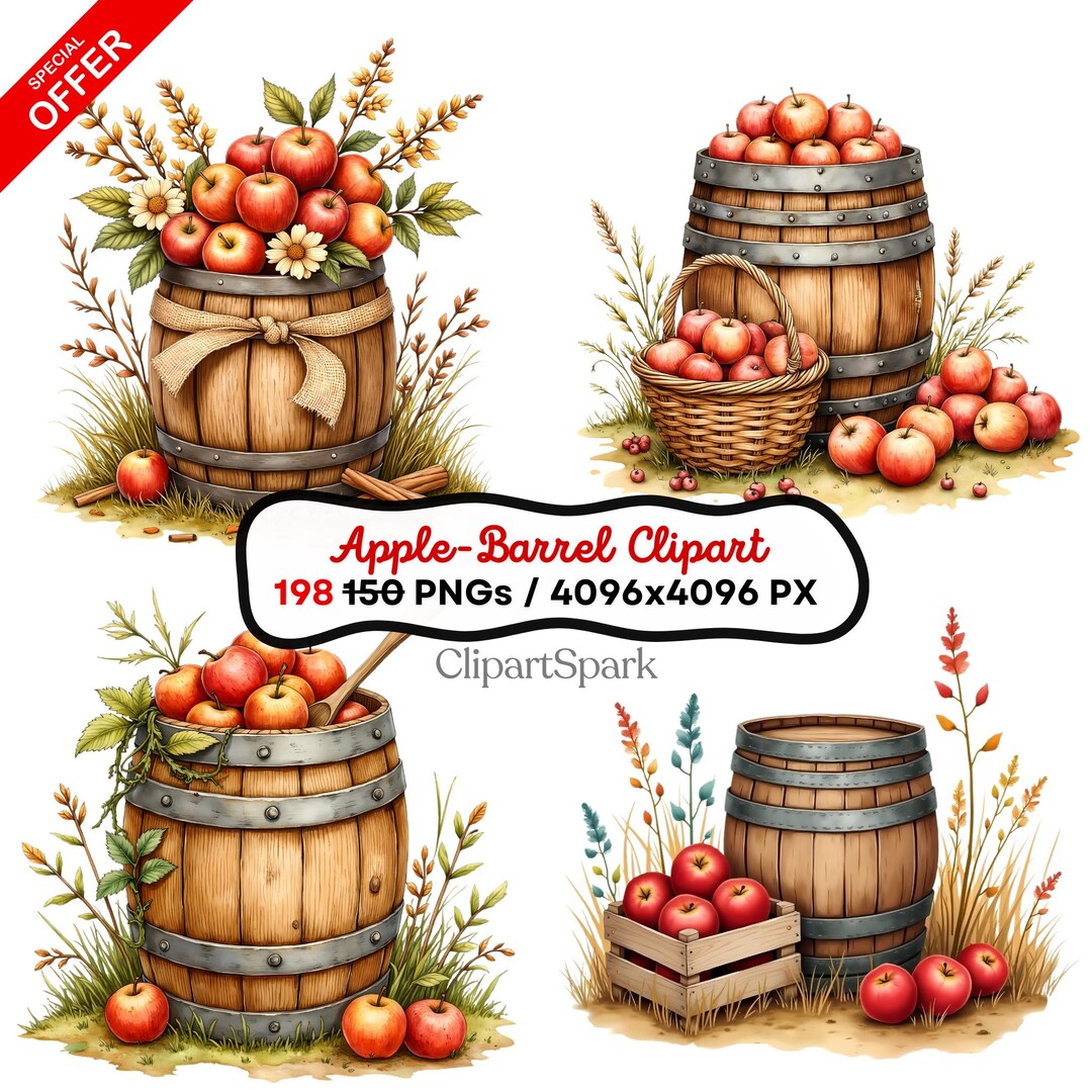 Apple Barrel Clipart Bundle 198 Pngs, Watercolor Style, High-resolution ...