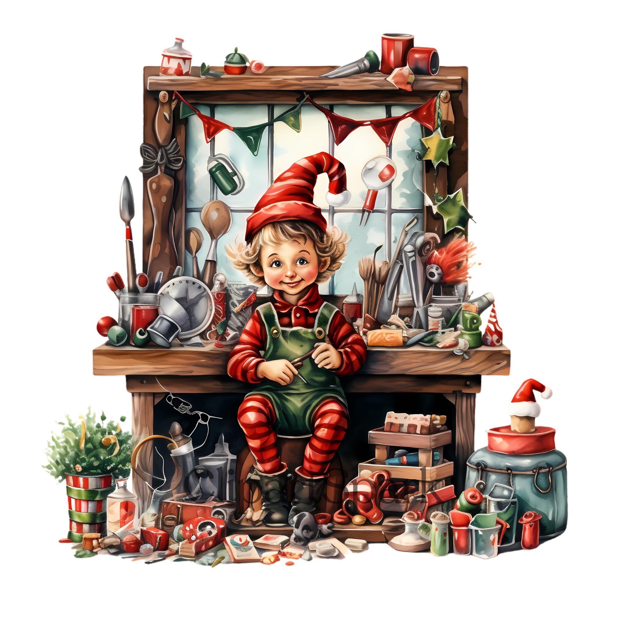 Whimsical Sticker Design Christmas Elf Workshop Clipart 40 Pngs ...