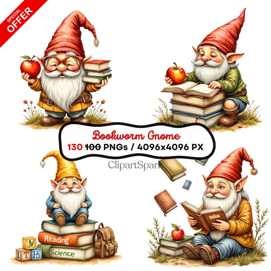 Bookworm Gnome Clipart Bundle Back to School Gnomes With Books, Apples ...