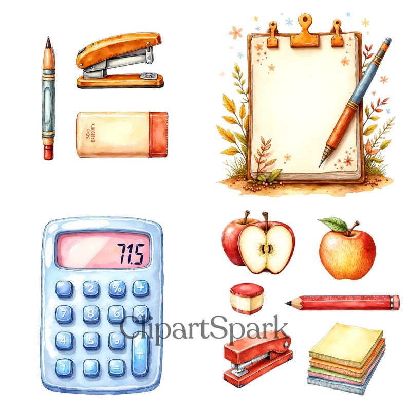 Back to School Watercolor Clipart Bundle Pngs School Supplies ...