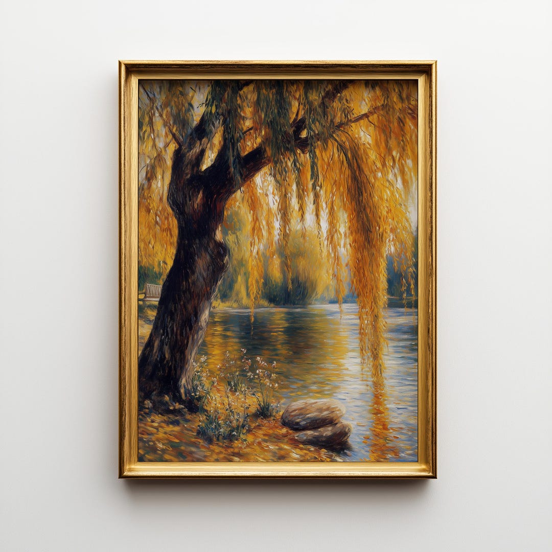 Rustic Weeping Willow by Riverside - Impressionist Autumn Landscape ...