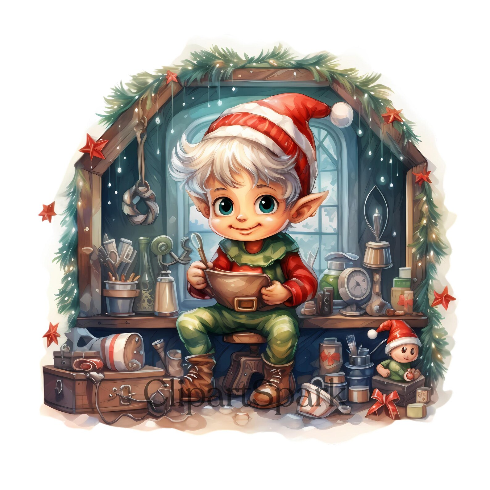 Whimsical Sticker Design Christmas Elf Workshop Clipart 40 Pngs ...