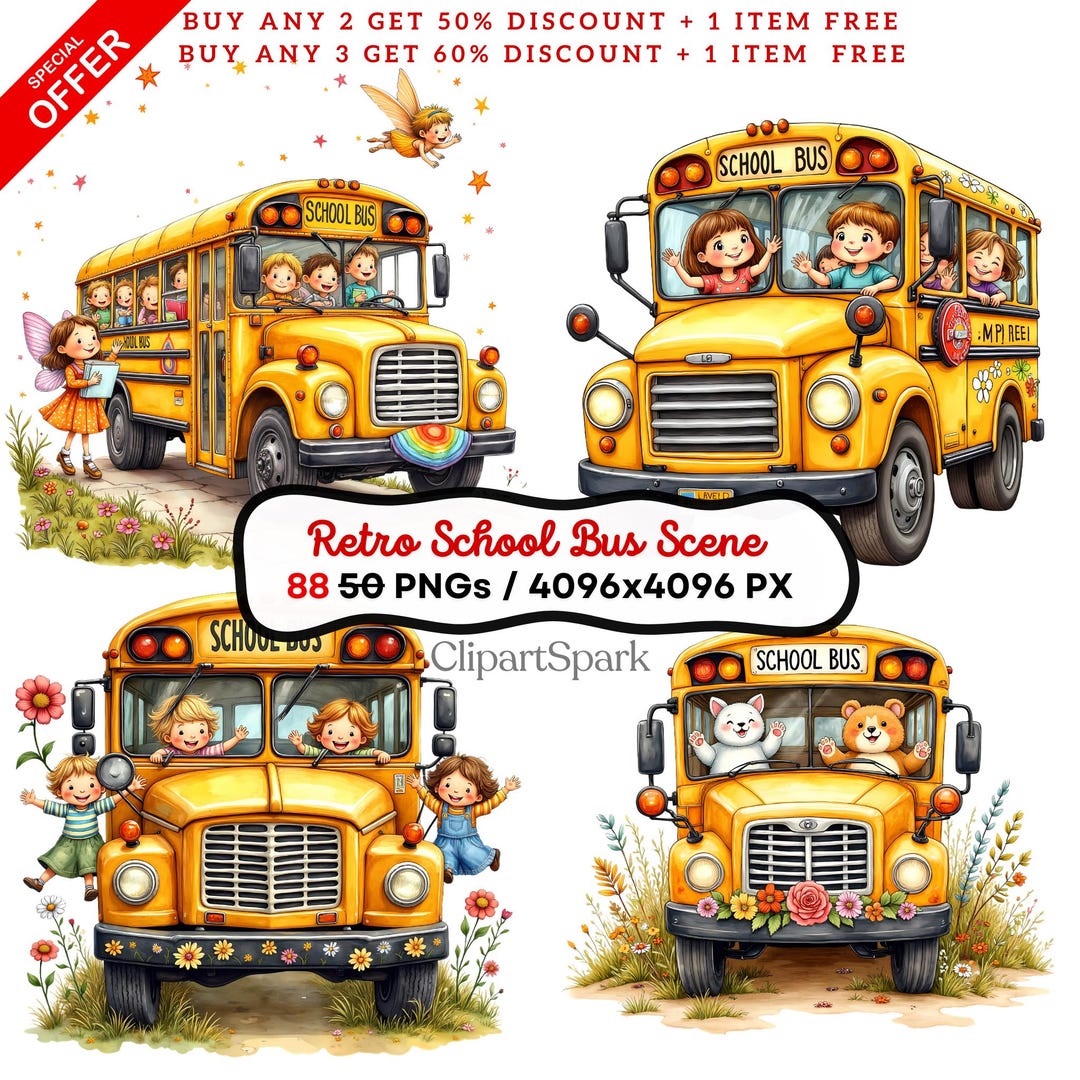 Retro School Bus Clipart Bundle, 88 Pngs, 4096x4096 Px, Transparent ...