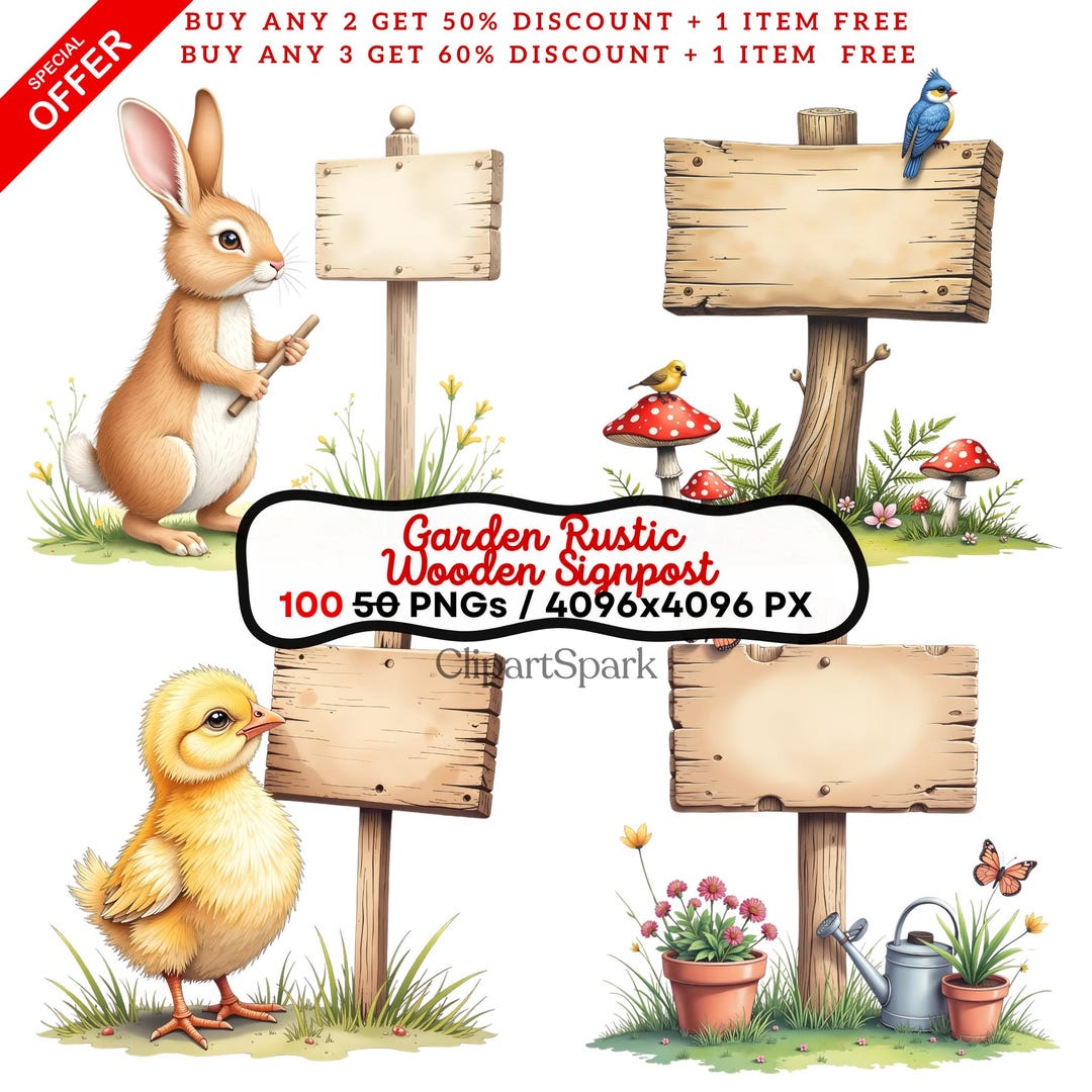 Garden Rustic Wooden Signpost Clipart, Animals, Baby Animals, Flowers ...