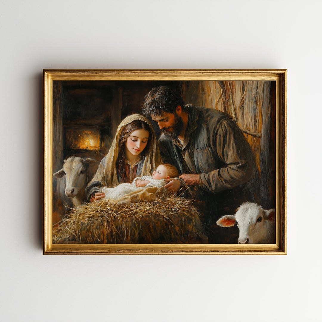 Printable Nativity Scene Oil Painting - Serene Christmas Art, Rustic ...