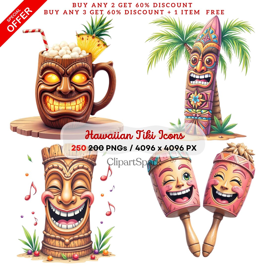 Hawaiian Tiki Icons Clipart Bundle | 250 Pngs | 4096x4096 Px | Luau ...