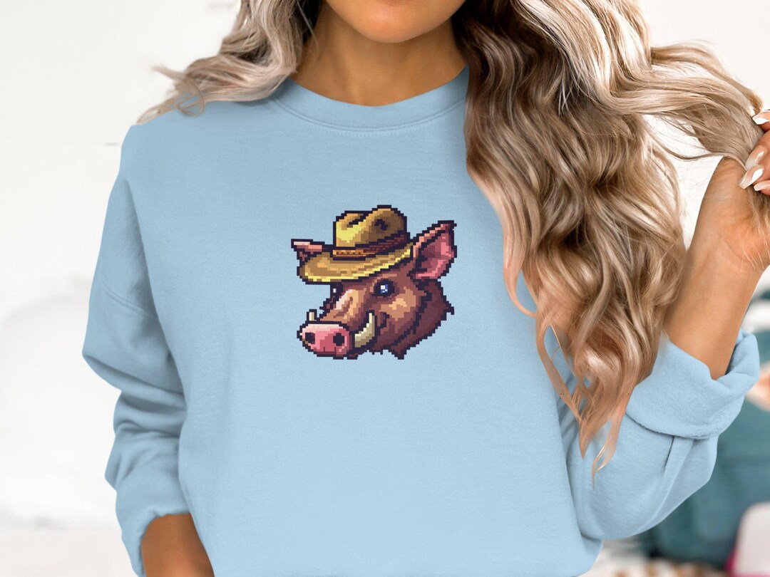 Vintage Cowboy Hat Boar Pixel Art Sweatshirt, Retro Wild Animal Graphic ...