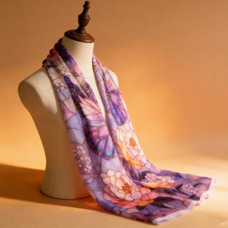 Butterfly and Flower Pattern Tussah Silk Long Scarf for Women Large ...