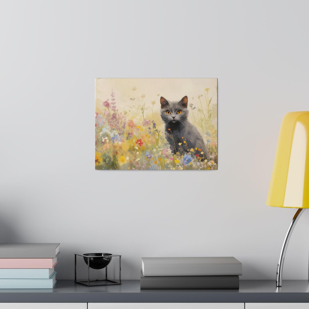 Gray Cat Print, Garden Landscape, Wildflowers Painting, Watercolor Art ...