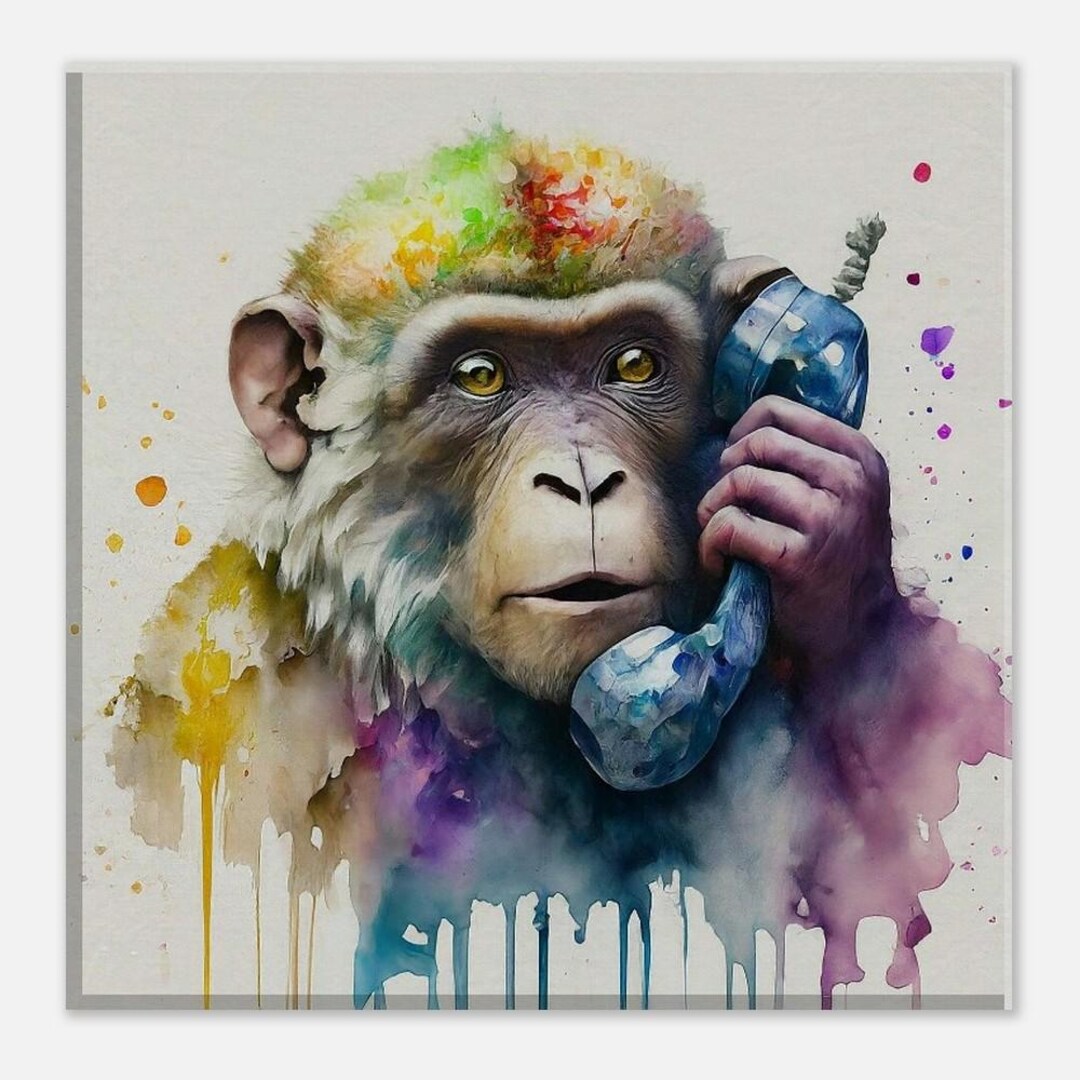 Monkey Using Telephone Art Canvas 20x20 Cm Monkey on Phone Unique ...