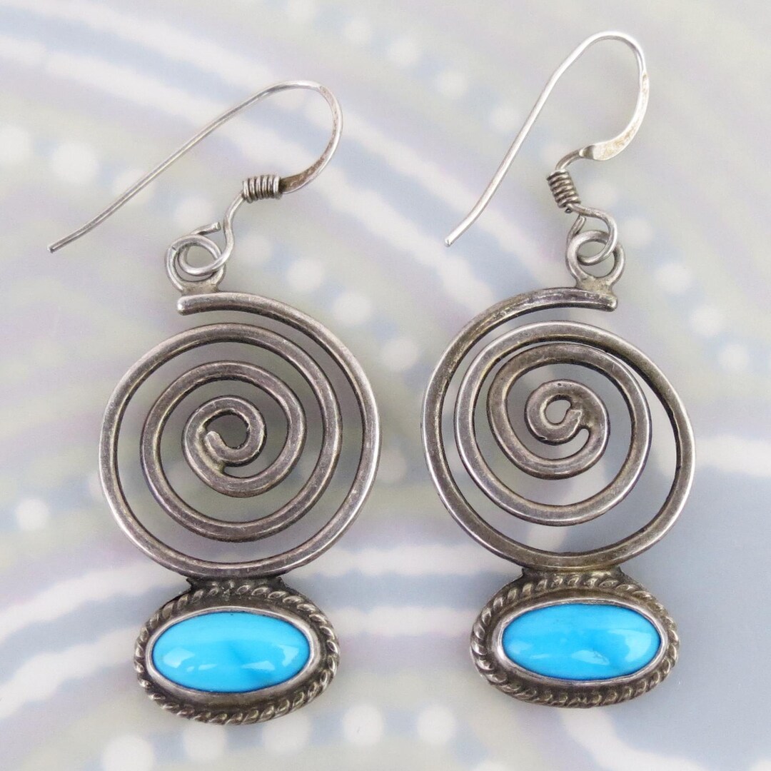 Signed Sterling Silver Spiral Vintage Turquoise Dangle Earrings by ...
