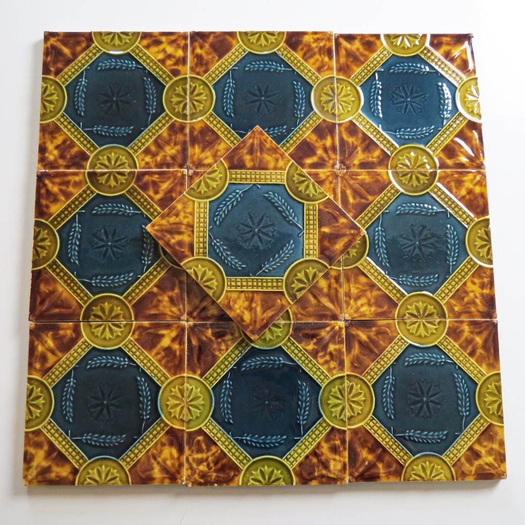 Set of Ten Victorian Majolica Pottery Tiles 6 Inch Embossed Tiles Wheat ...