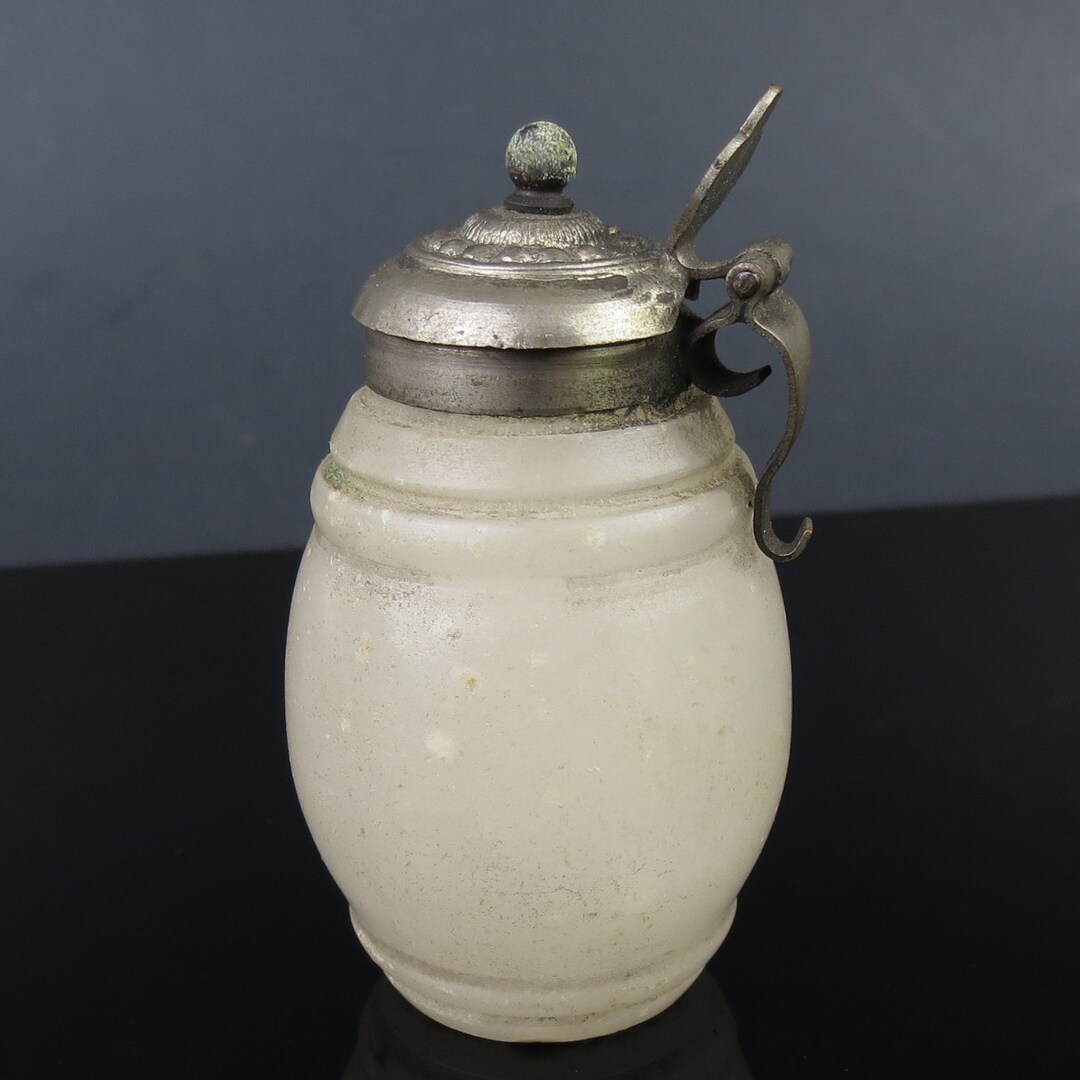 Old Alabaster and Metal Thimble Holder or Special Tiny Trinket Box With ...