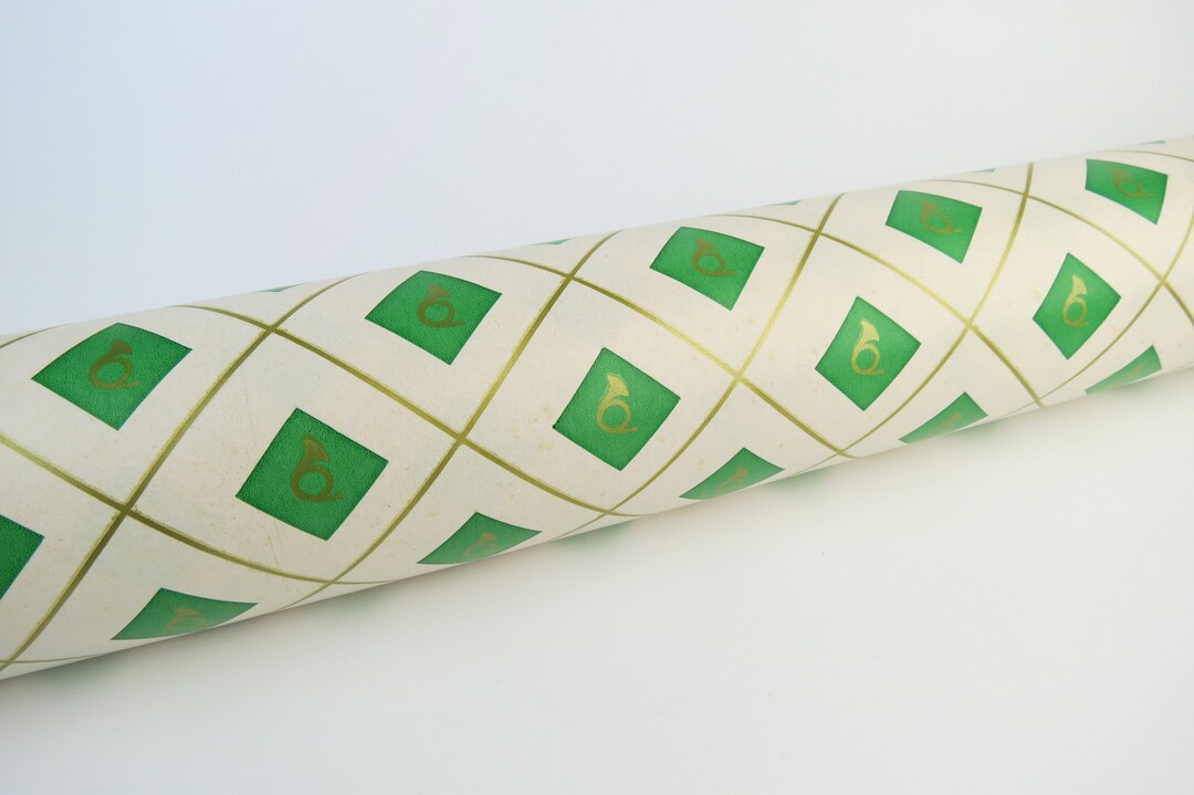 Roll of Vintage Christmas Wrapping Paper French Horn Square Pattern ...