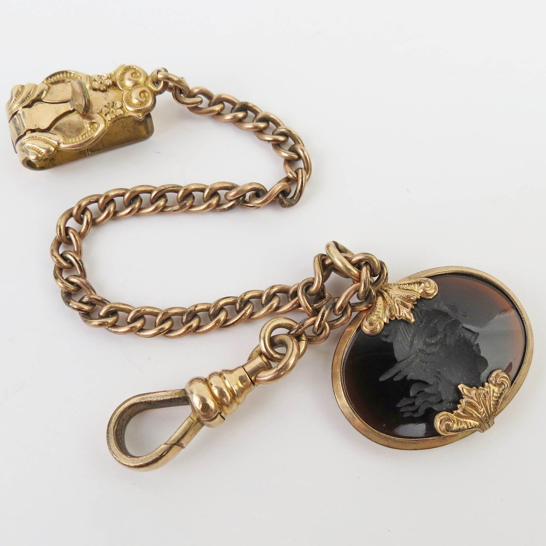 Antique 1900s Gold Filled Vest Clip Pocket Watch Chain With Carved ...