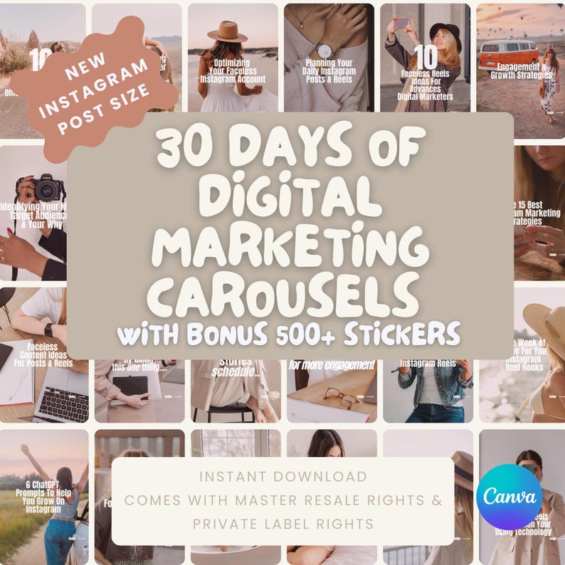 Instagram Carousel Templates for Faceless Marketing, 30 Day Editable ...