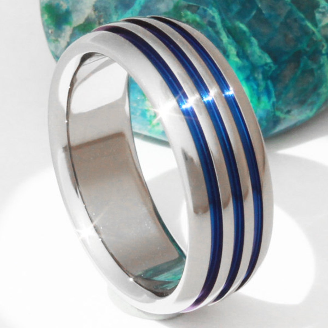Thin Blue Line Titanium Ring Polished Handcrafted Titanium Striped Band ...