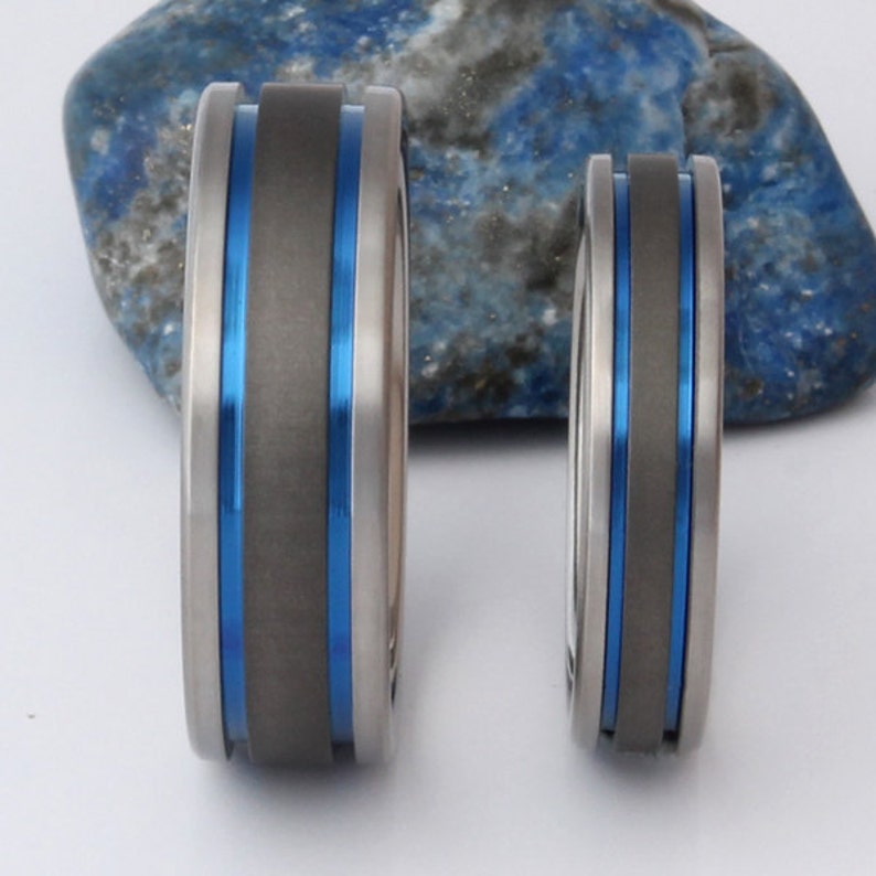 Titanium Wedding Band Set Thin Blue Line Rings His and - Etsy
