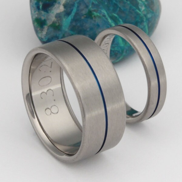 Thin Blue Line Titanium Wedding Band Set Matching Blue Rings - Etsy