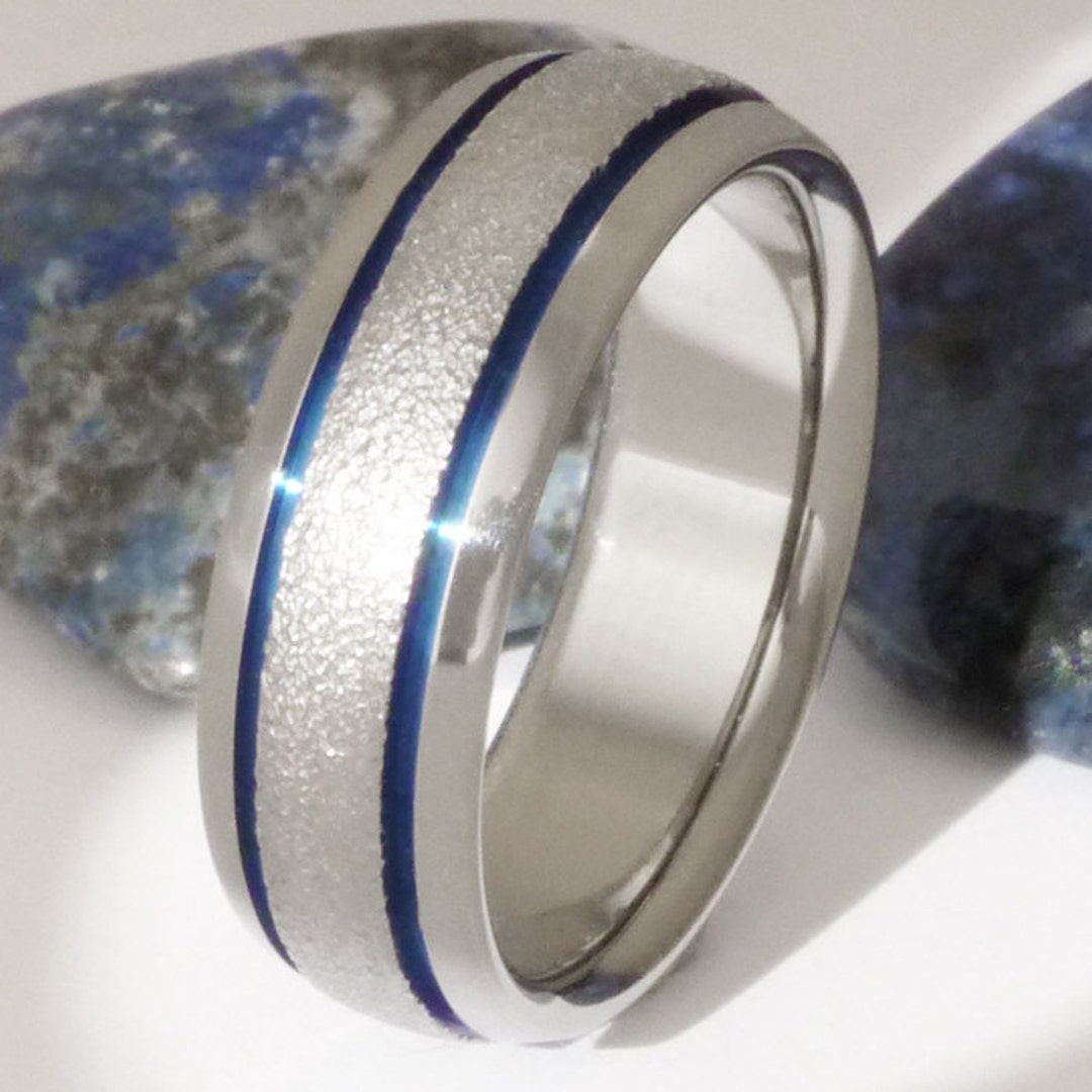 Blue Titanium Ring Custom Frost Finish Thin Blue Line Wedding Band ...