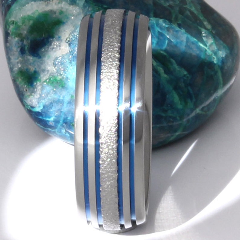 Blue Textured Titanium Ring Wedding Band Unique Frost | Etsy