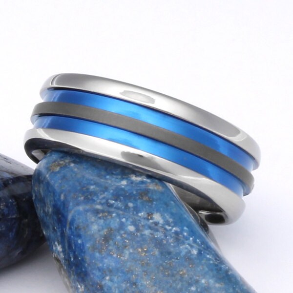 Anodized Blue Titanium Engagement Ring Thin Blue Line | Etsy