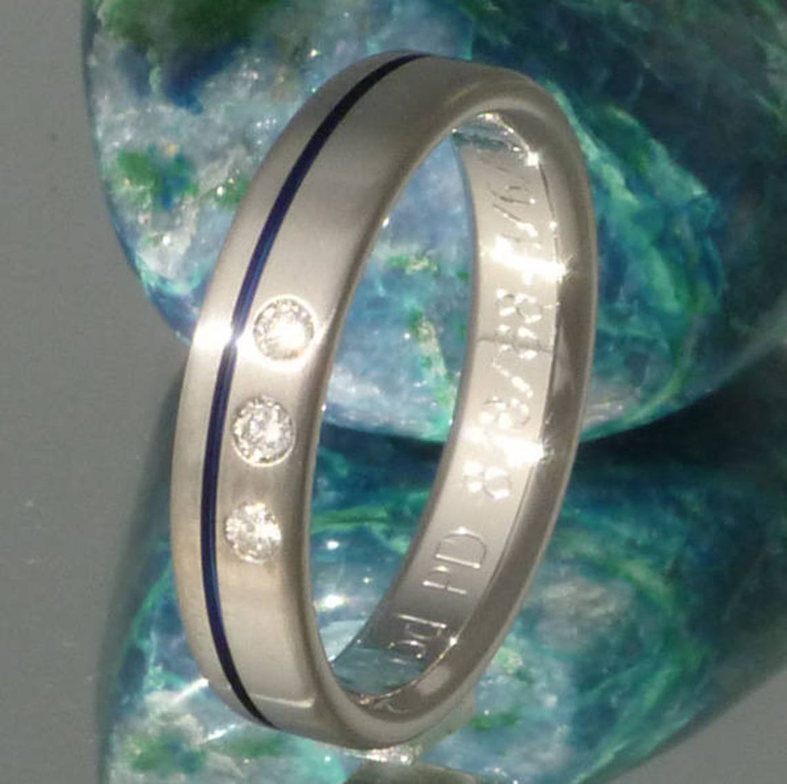 Thin Blue Line Titanium Diamond Wedding Band Engagement Ring - Etsy