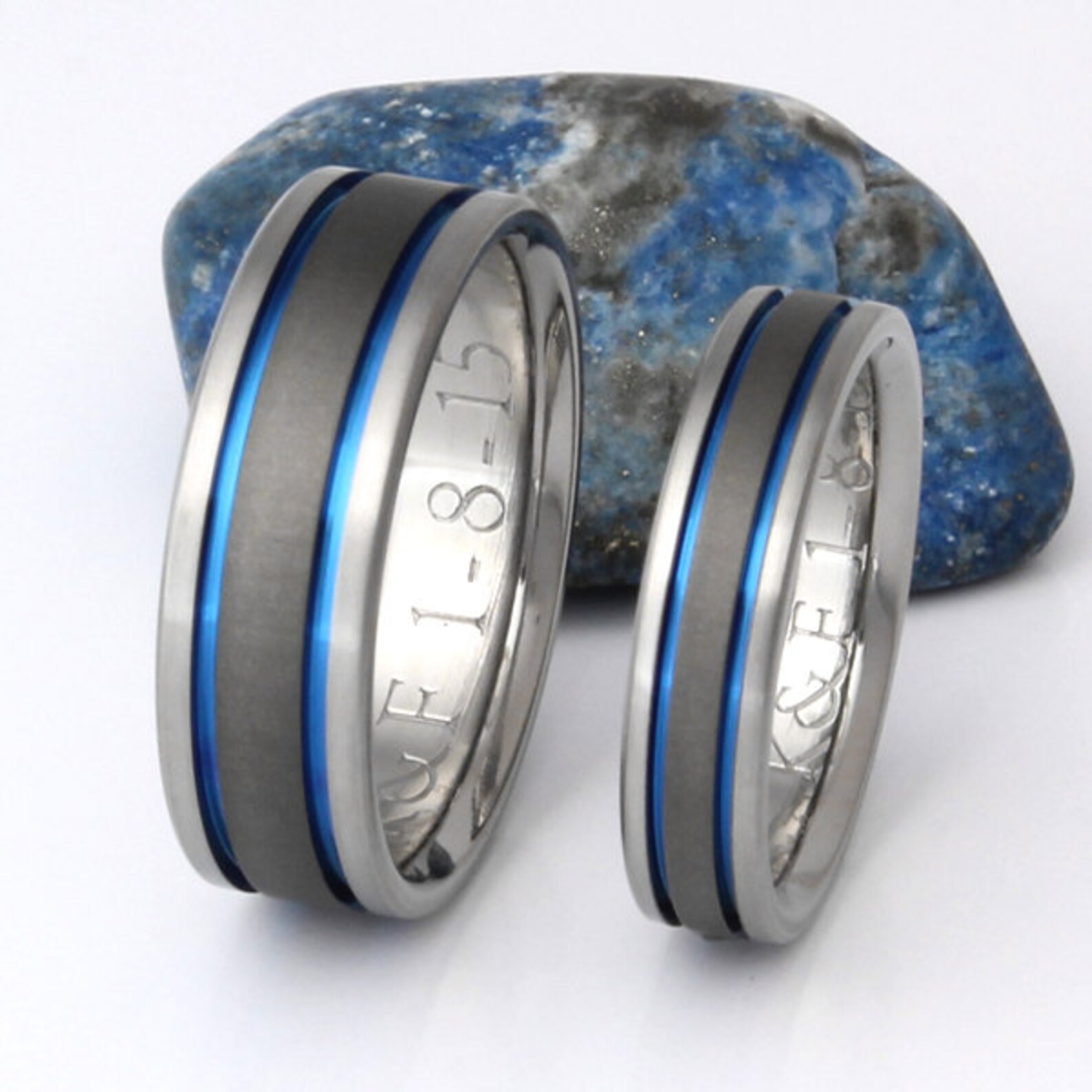 Titanium Wedding Band Set Thin Blue Line Rings His and - Etsy