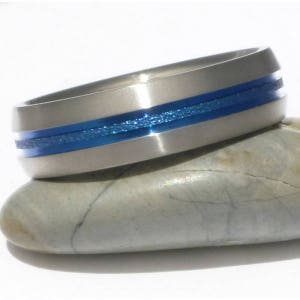 Blue Titanium Wedding Band Thin Blue Line Ring Custom Frosted Finish ...