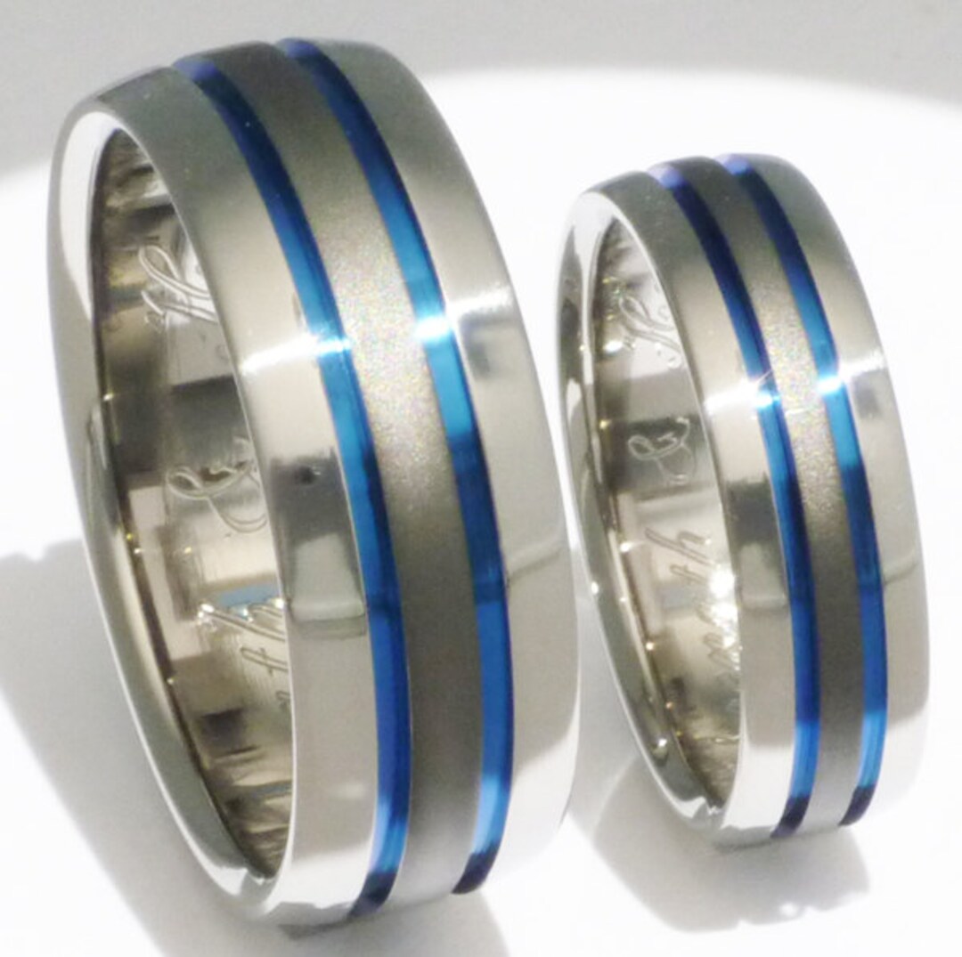 Titanium Wedding Ring Set Blue Titanium Engagement Set Thin Blue Line ...