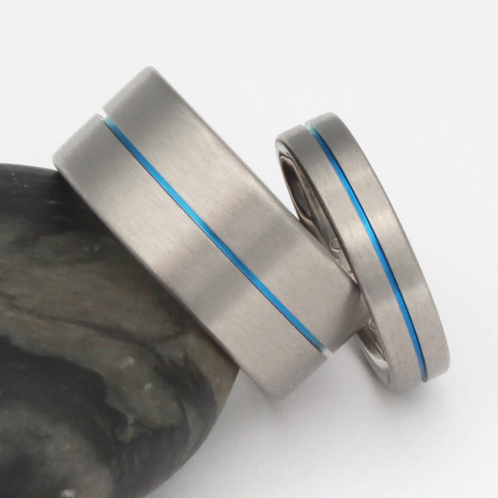 Thin Blue Line Titanium Wedding Band Set Matching Blue Rings | Etsy
