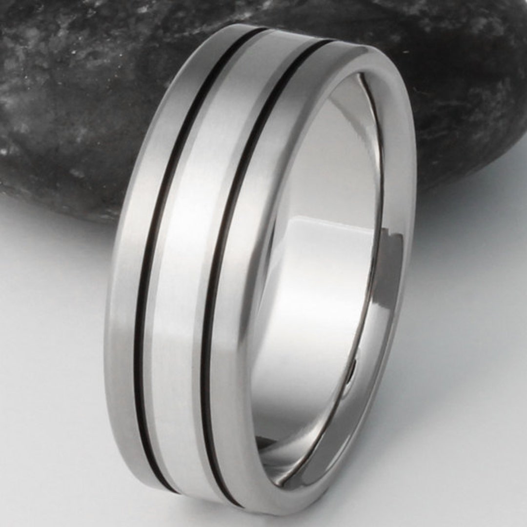Silver Titanium Wedding Ring With Black Stripes - Silver and Black ...