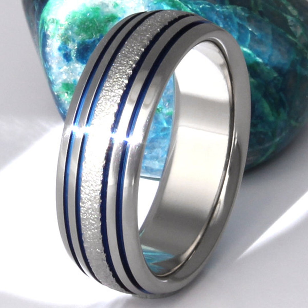Blue Textured Titanium Ring Wedding Band Unique Frost Finish Thin Blue ...