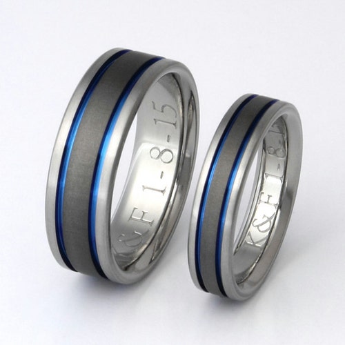Titanium Wedding Band Set Thin Blue Line Rings His and - Etsy