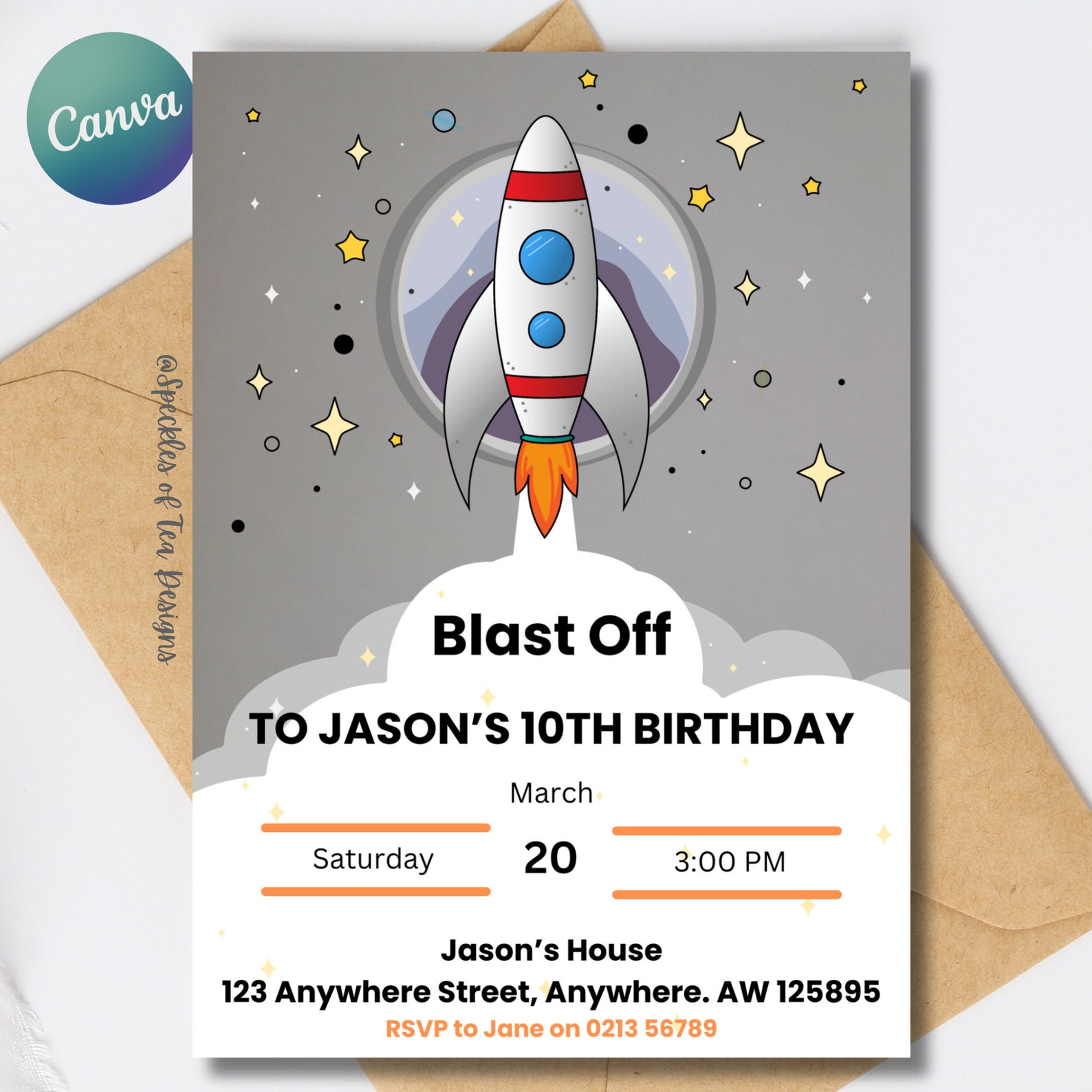 Editable Rocketship, Spaceship Digital Invitation for Birthday ...
