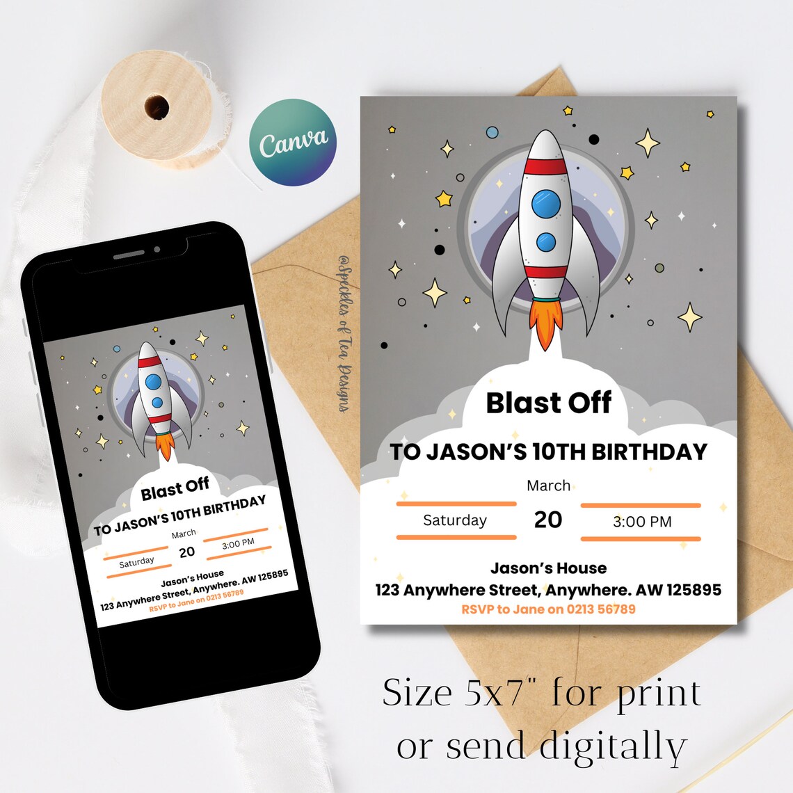 Editable Rocketship, Spaceship Digital Invitation for Birthday ...